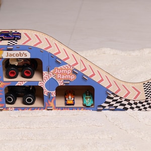Wooden Car Ramp Jump Ramp, 2-level Racing Track With Flame Design, Toy ...