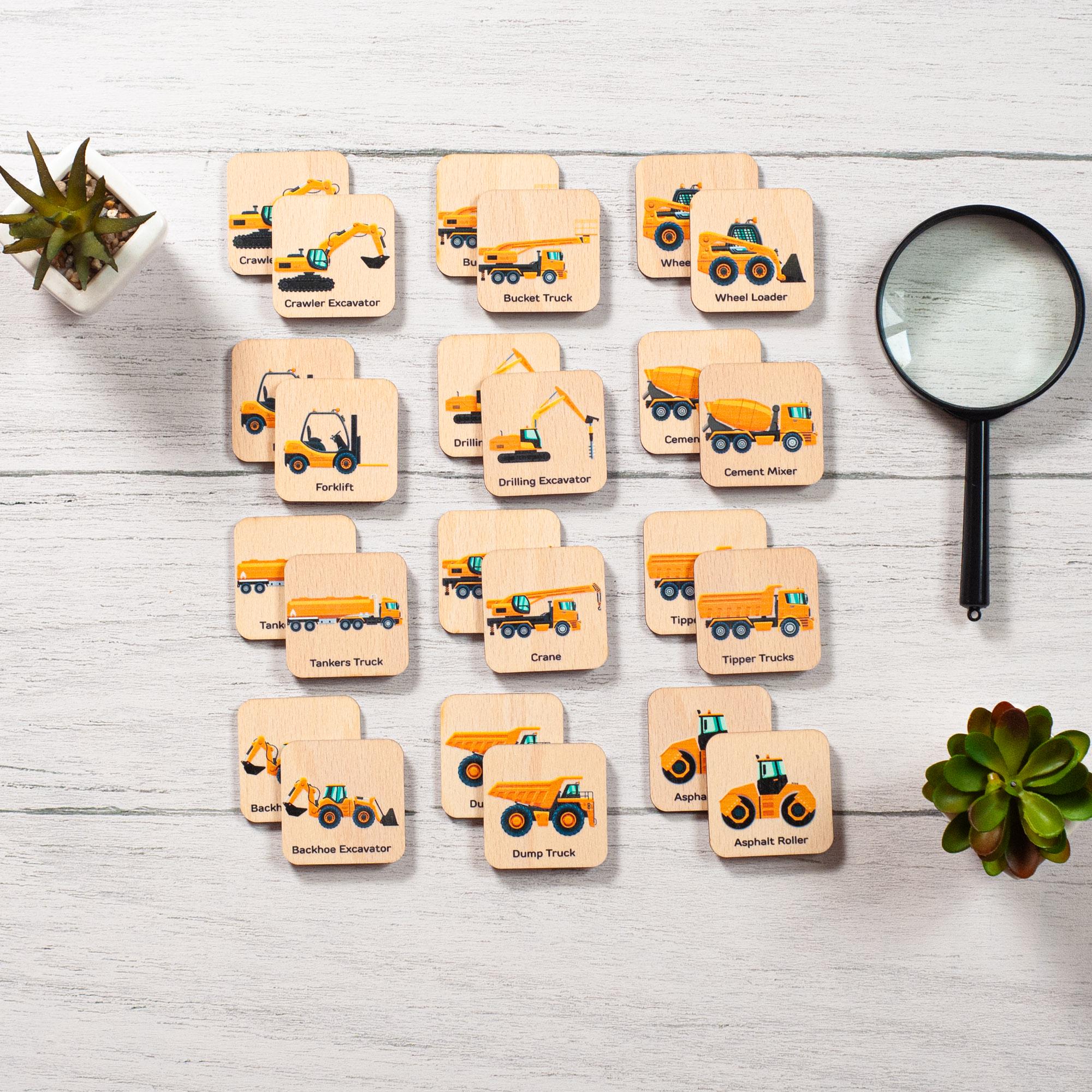 Montessori Wooden Construction Truck Car, Memory Game, Homeschool ...