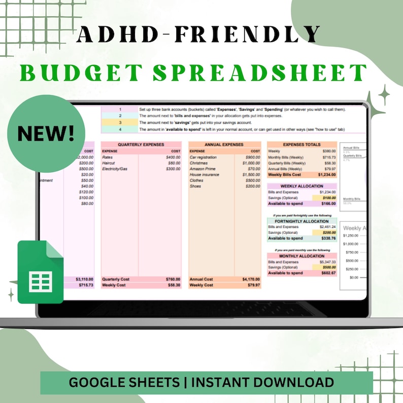 Budget Planner Spreadsheet | Google Sheets Adhd-friendly Budget ...