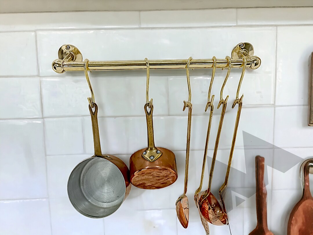 Brass Utensil Rack - Solid Brass Hooks - Antique Copper Pot Rack ...
