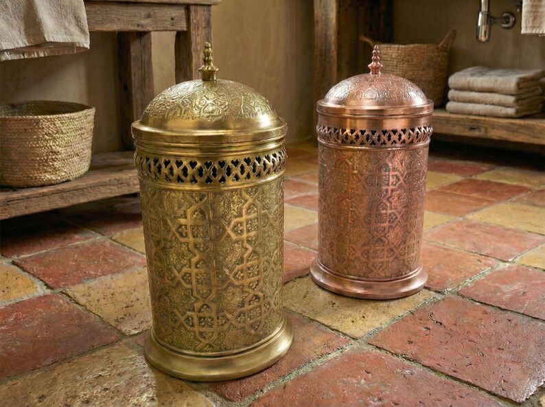 Unlacquered Brass Trash Can, Handcrafted Moroccan Wastebasket With Lid ...