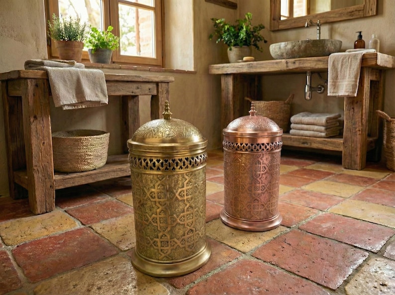 Unlacquered Brass Trash Can, Handcrafted Moroccan Wastebasket With Lid ...
