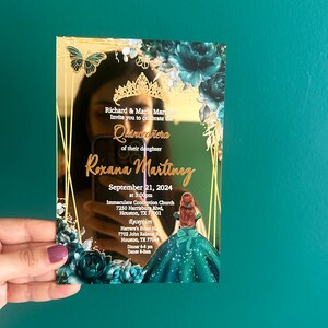 Mirror Invitation, Emerald Green Quinceanera Invitation on Gold Miror ...