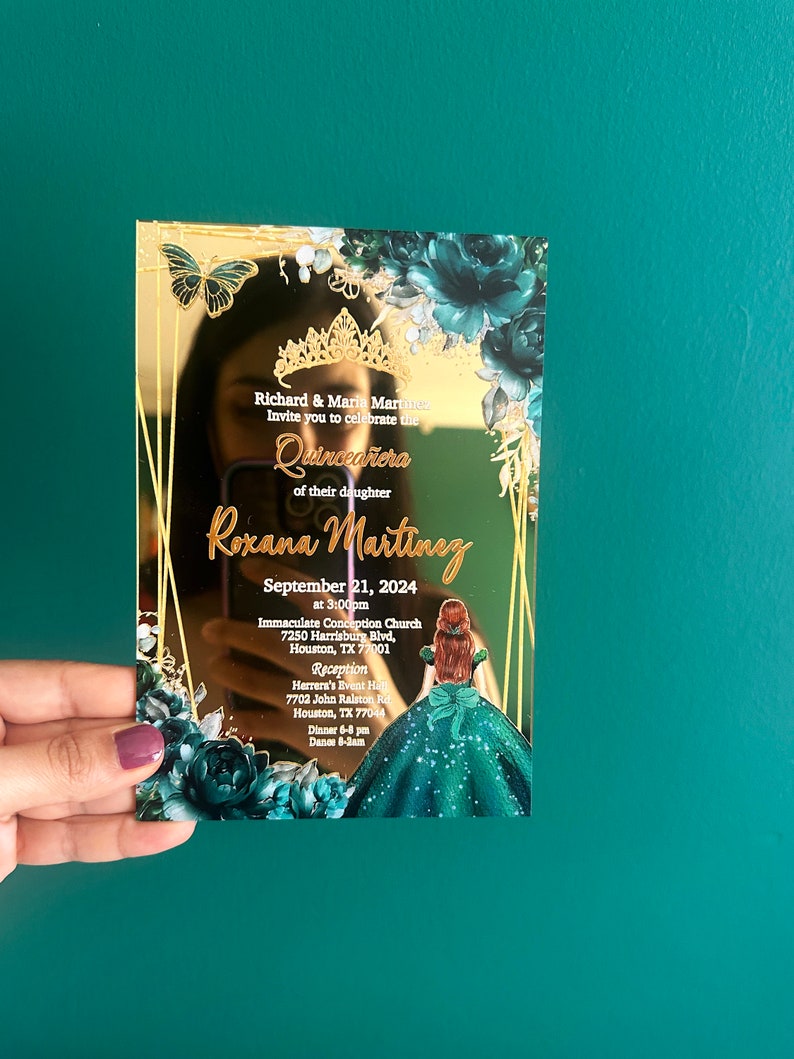 Mirror Invitation, Emerald Green Quinceanera Invitation on Gold Miror ...