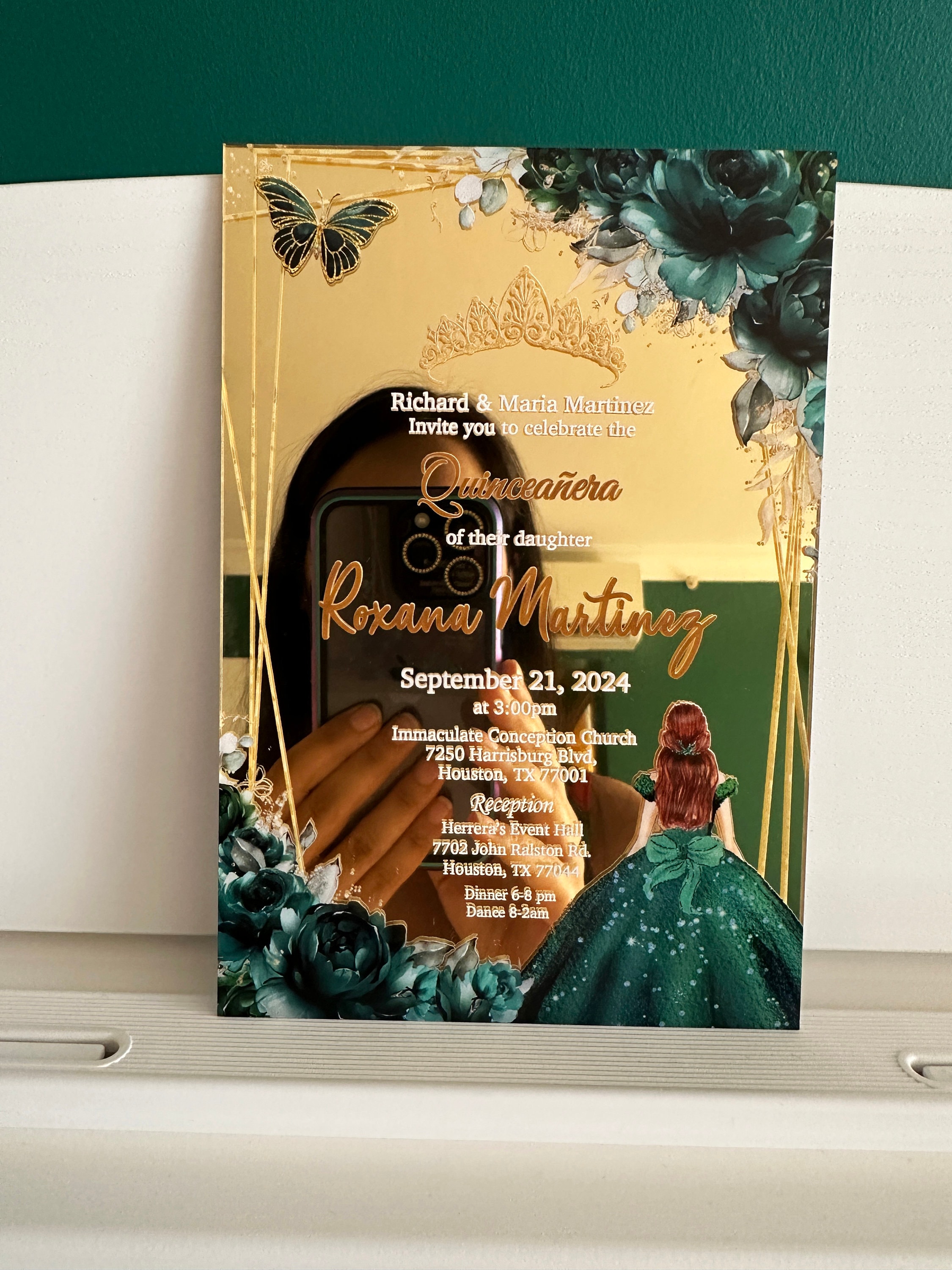 Mirror Invitation, Emerald Green Quinceanera Invitation on Gold Miror ...