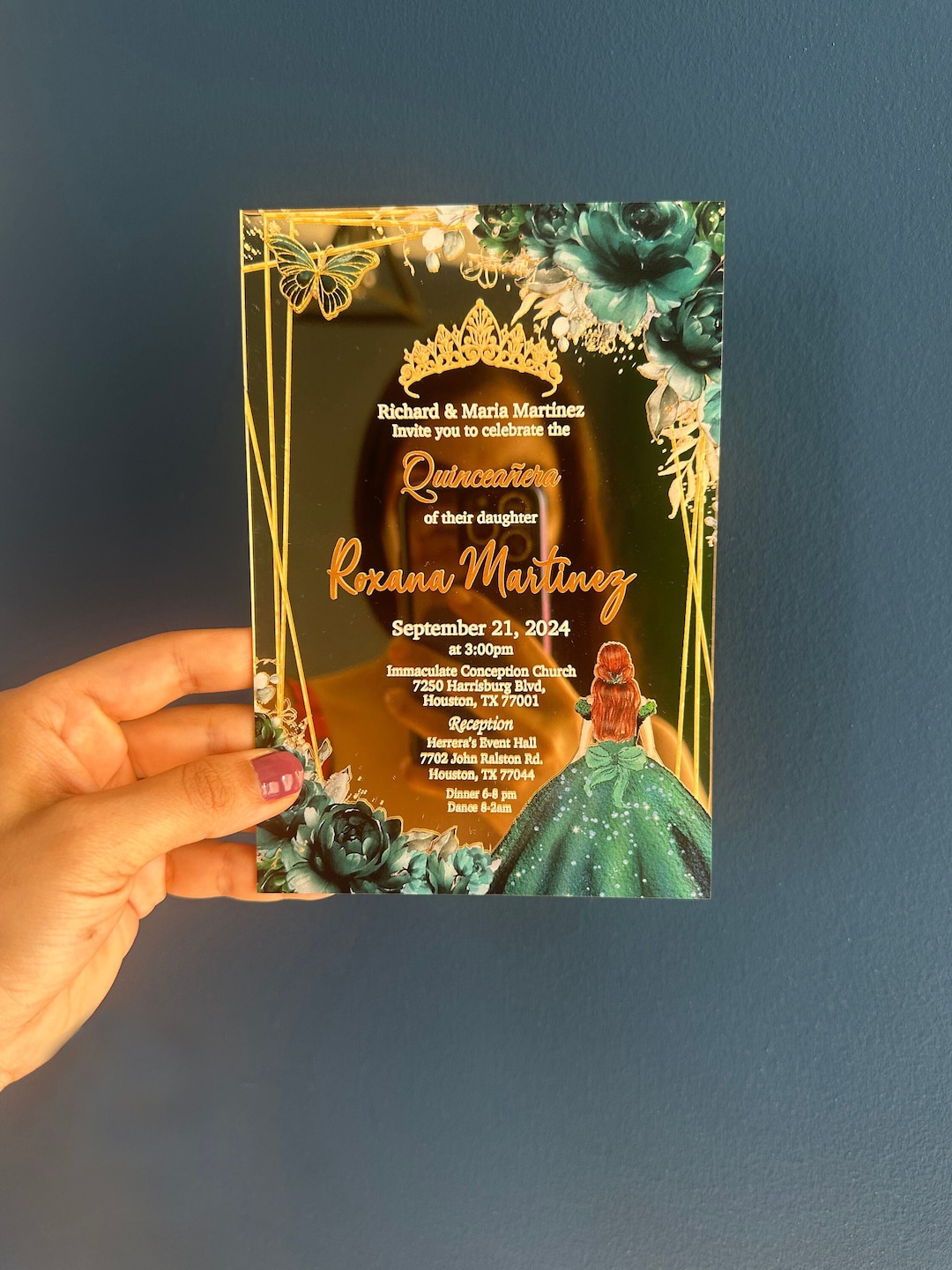Mirror Invitation, Emerald Green Quinceanera Invitation on Gold Miror ...