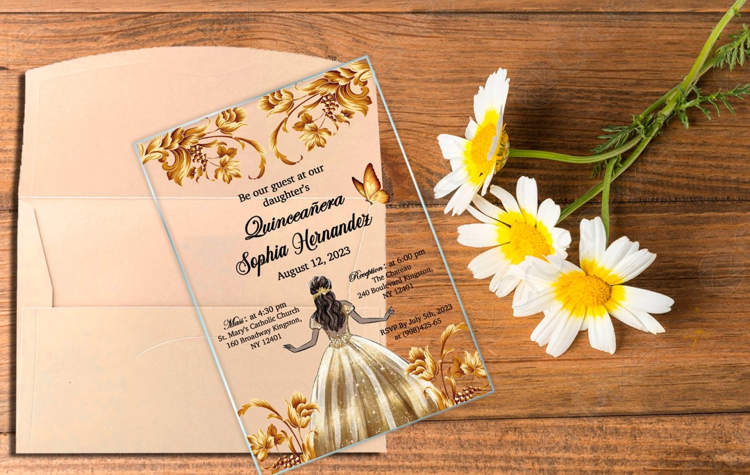 Gold Quinceanera Invitation, Princess Gold Dress Invitation, Sweet ...