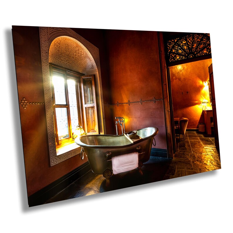Moroccan Bathroom Canvas Print, Claw Foot Tub, Morocco Colors, Sun ...