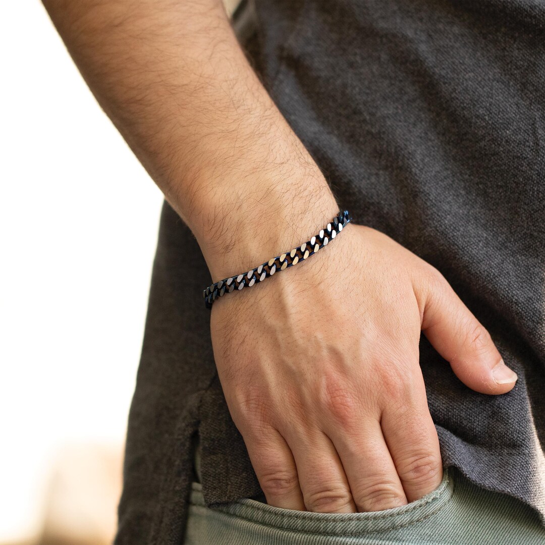 Black & Blue Stainless Steel Cuban Link Bracelet - Waterproof Chunky ...