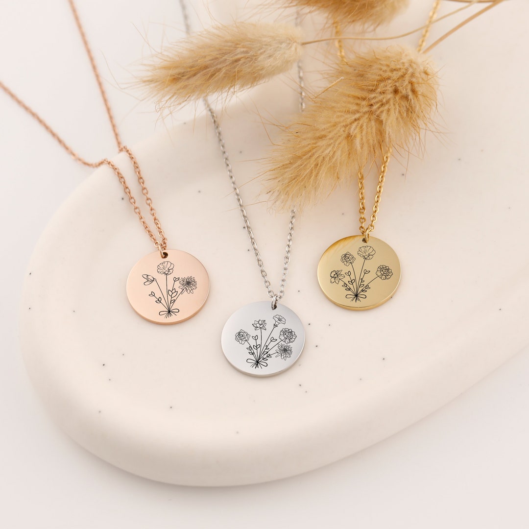 Birth Flower Bouquet Necklace Gift for Her Personalized Flower Necklace ...