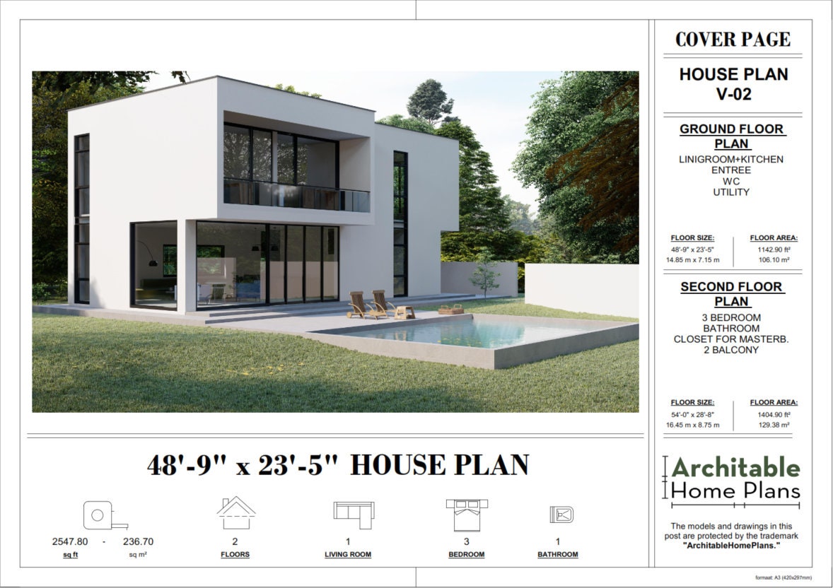 Modern Minimalist Villa Plan: 3 Bedroom House Design (digital Blueprint ...