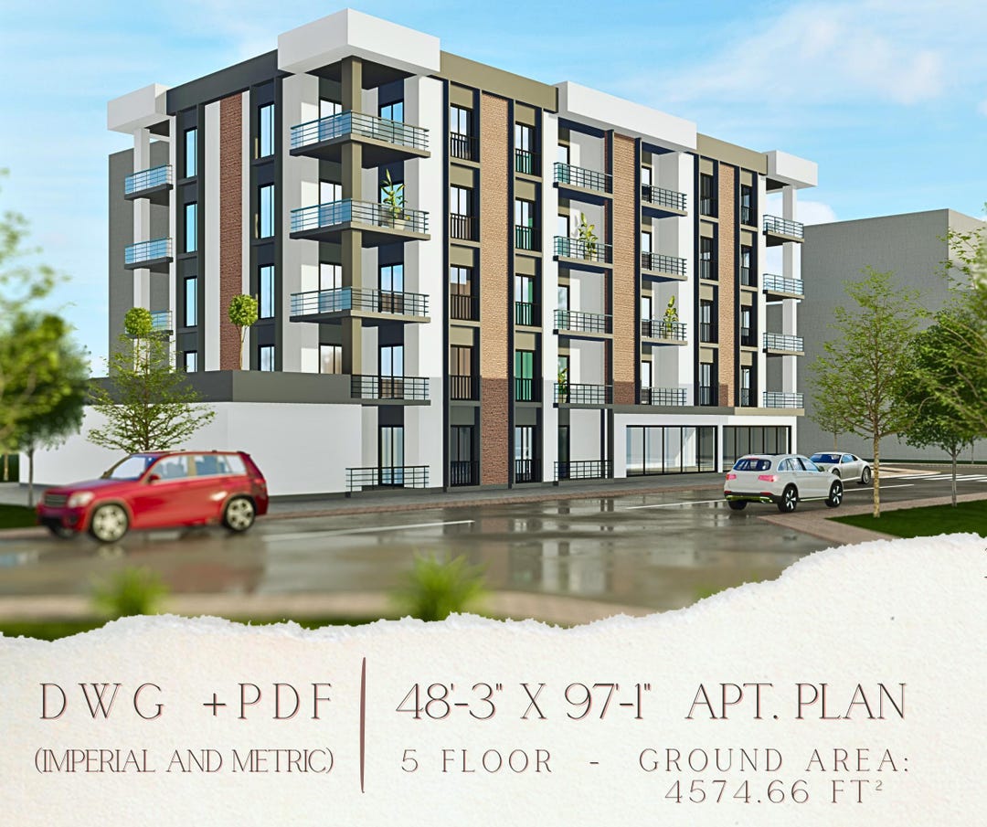 5 Story Apartment Building Plan - 48'3'' X 97'1'' - Modern Multi-floor Design - CAD & PDF Files ...