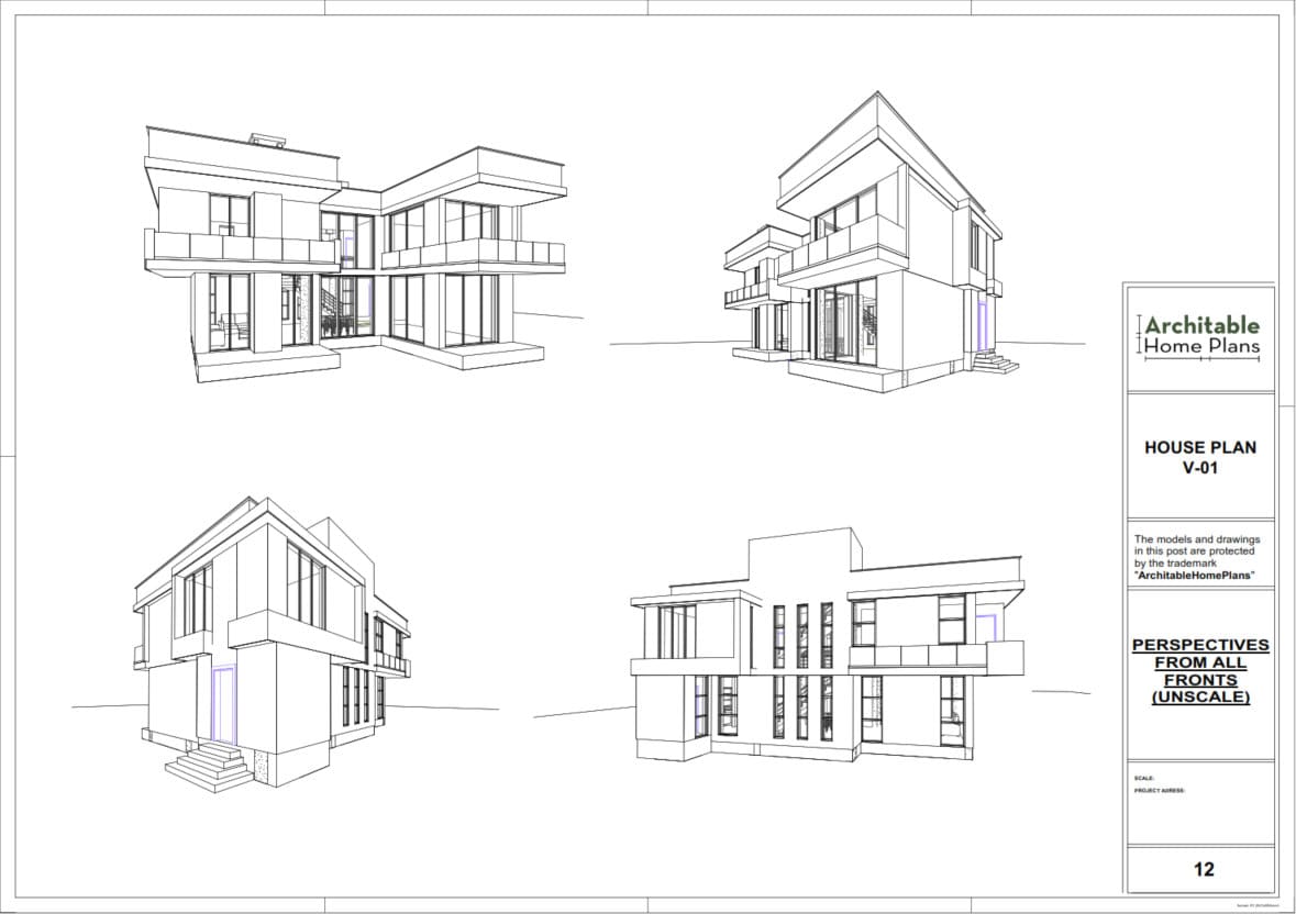 Modern 3 Bedroom House Plan: 2-story Blueprint (imperial + Metric) (DWG ...