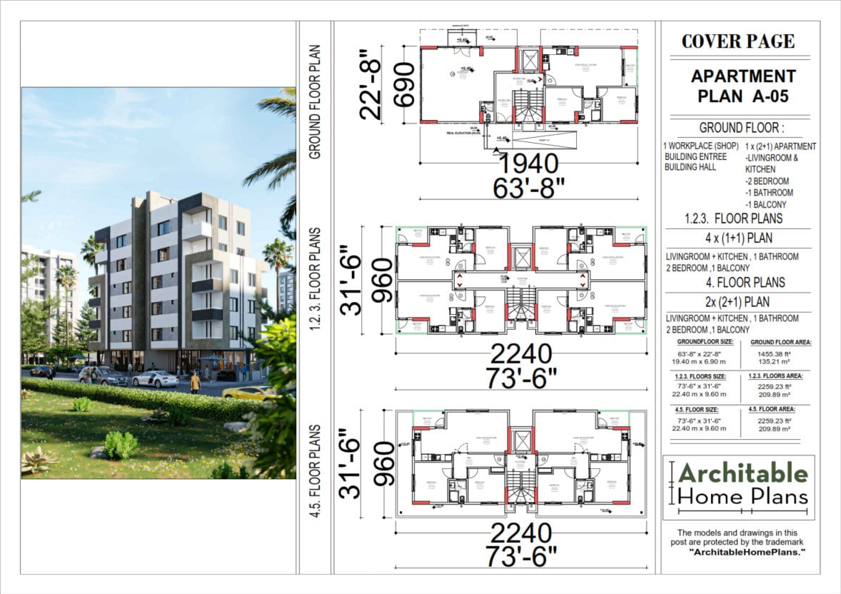 5 Story Apartment Building Plan 63'8'' X 22'8'' Modern Multi-unit ...