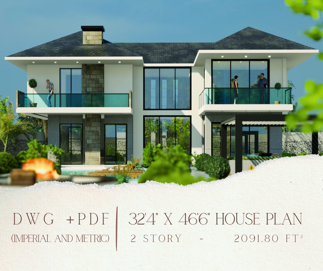 Modern Villa Plan: 3 Bedroom, 2 Bath (CAD File) - Blueprint - Etsy