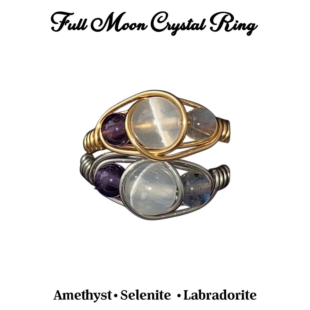 Full Moon Crystal Ring, Amethyst Labradorite Selenite Jewelry - Etsy