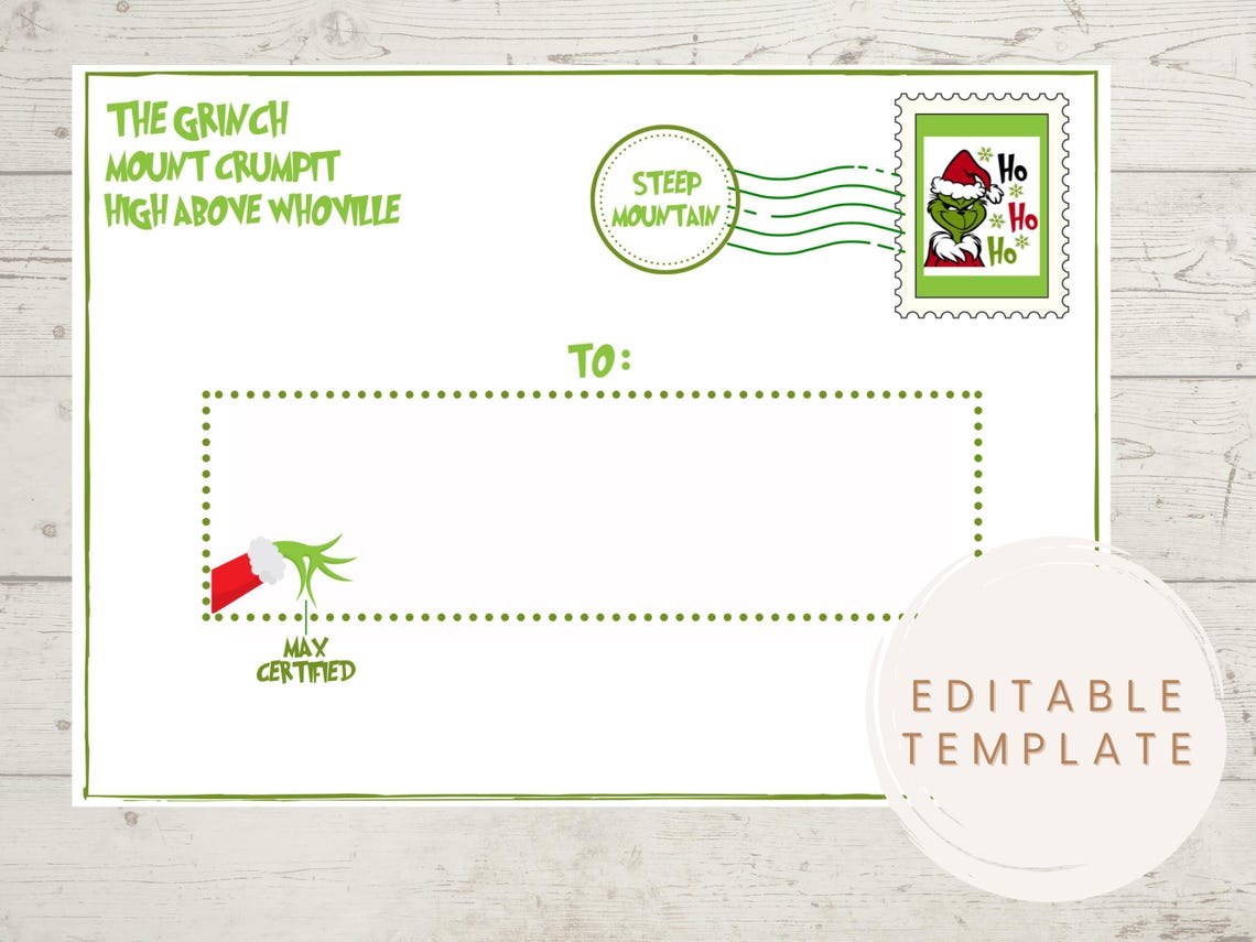 The Grinch Envelope Template, Editable, Customizable, Kids Christmas ...