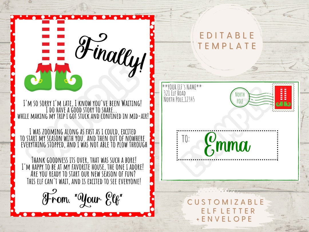 Christmas Elf Mail and Envelope Template, LATE ARRIVAL, Editable ...