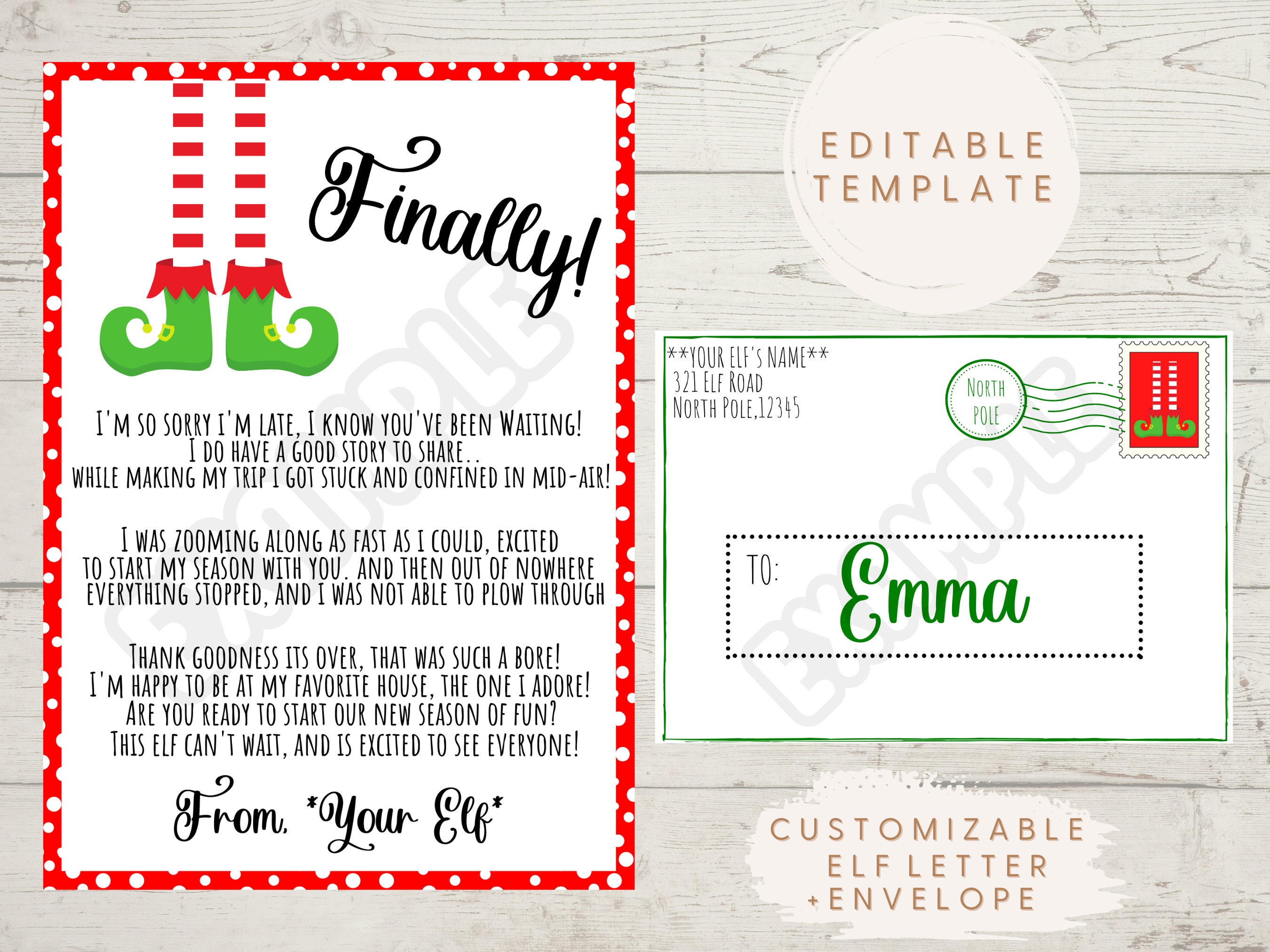 Christmas Elf Mail and Envelope Template, LATE ARRIVAL, Editable ...