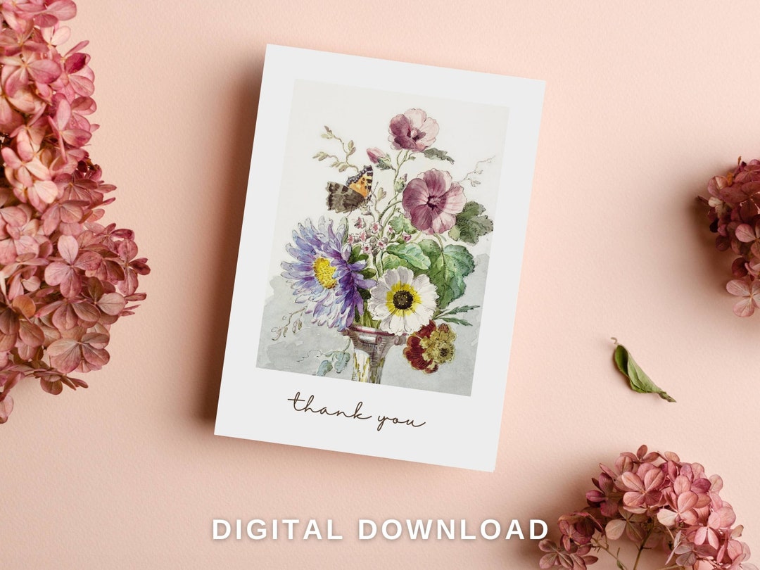 Vintage Floral Thank You Card, Printable Thank You Card, Print at Home Greeting Card, Digital ...