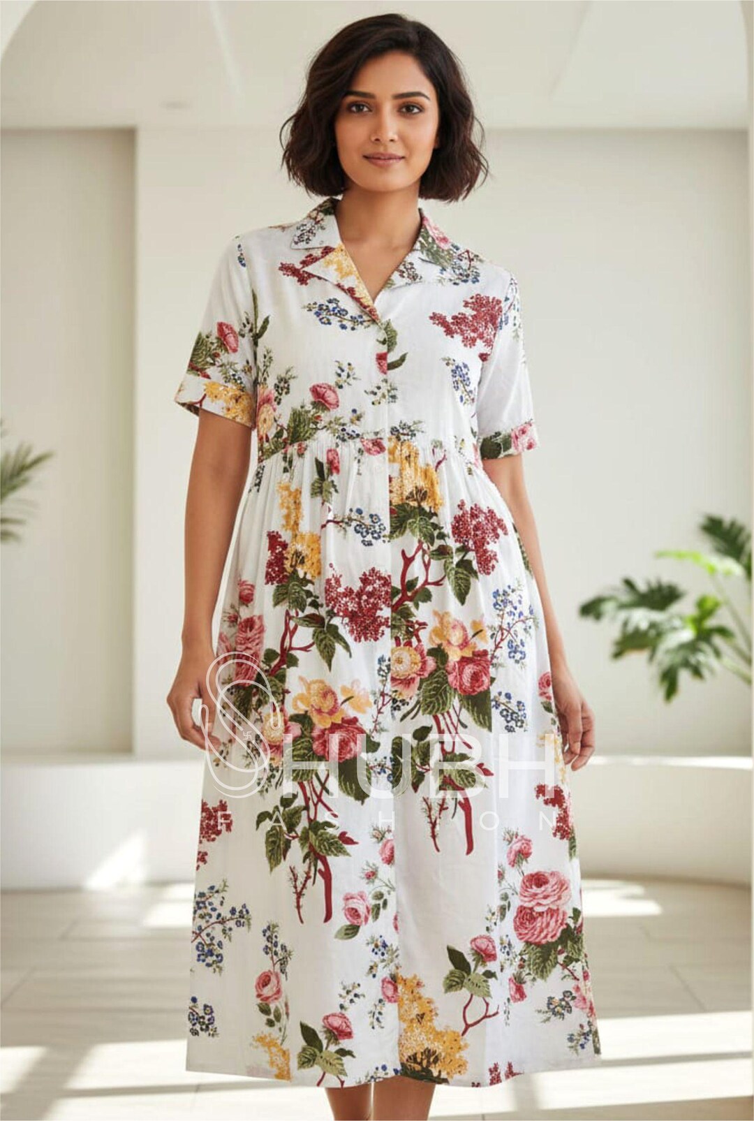 Floral Rayon Midi Dress | Button Front Summer Day Dress - Etsy