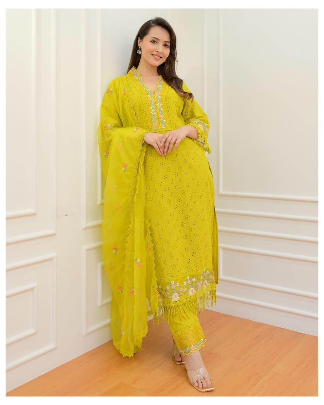 Cotton Yellow Straight Mirror Work Kurti Set for Women's & Girl's - Etsy
