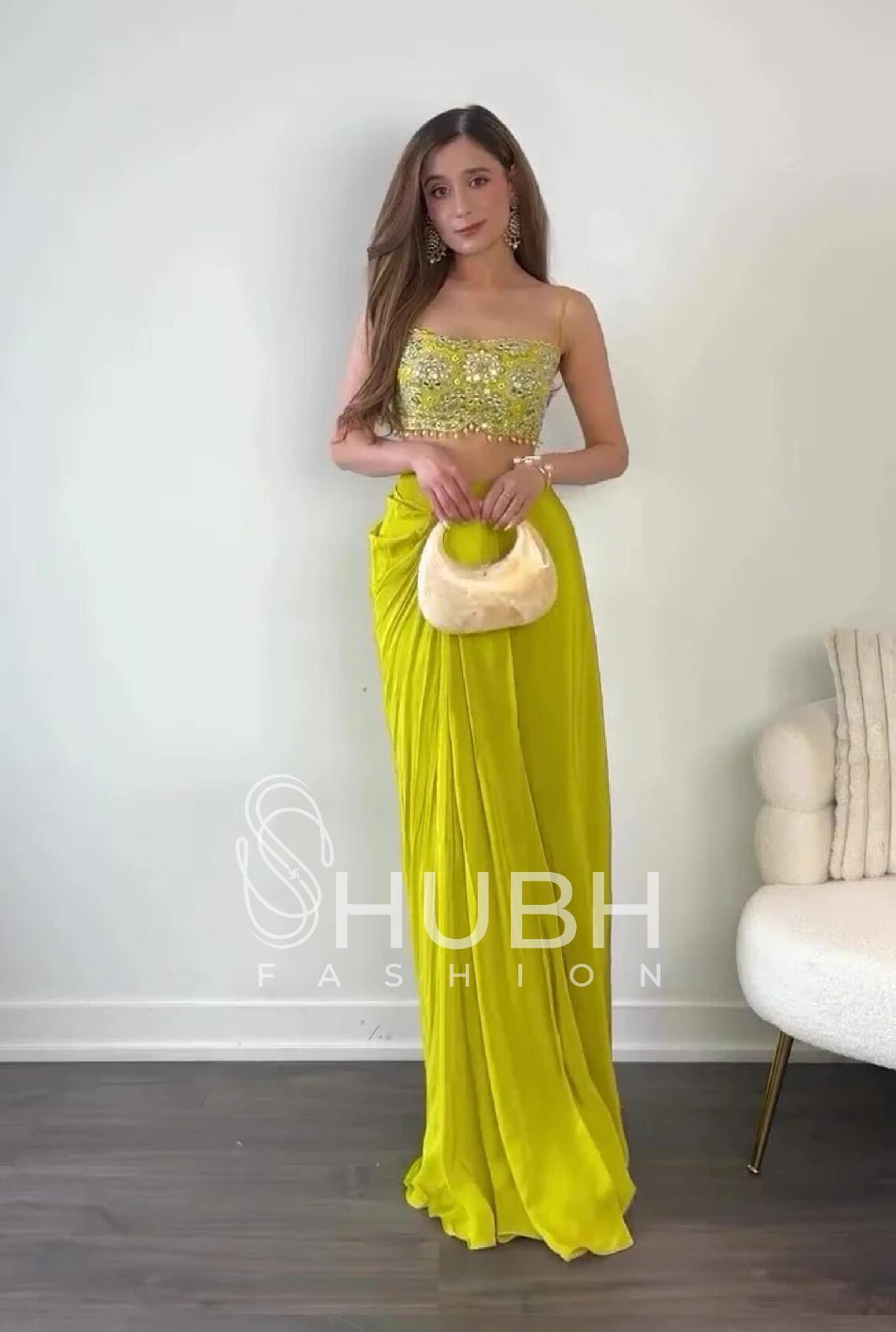 Indian Yellow Dhoti Shrug Set: Embroidered Sequin Crop Top, Diwali ...