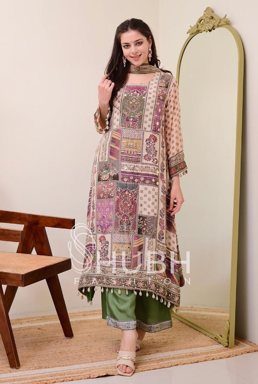Anarkali Chinon Suit: Handwork Embroidery, Moti Mala - Indian Festive ...