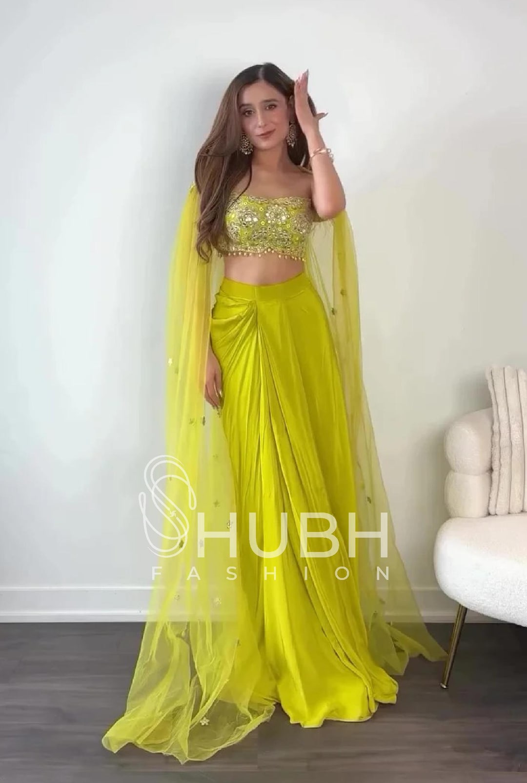 Indian Yellow Dhoti Shrug Set: Embroidered Sequin Crop Top, Diwali ...