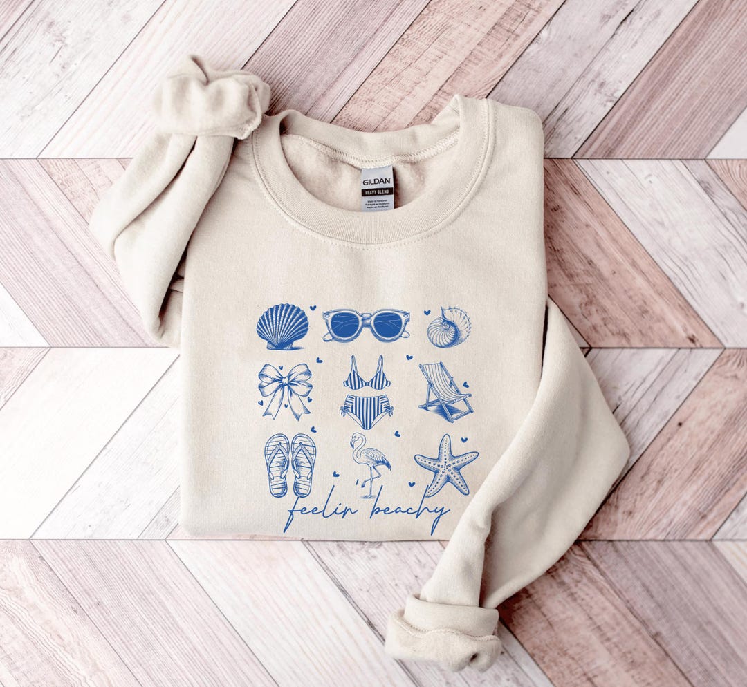 Feelin Beachy Sweatshirt, Cute Blue Beach Graphic Pullover, Summer ...