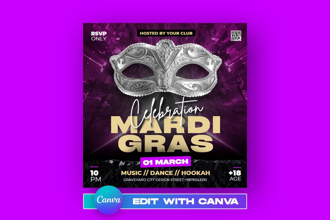 EDITABLE Canva Mardi Gras Flyer Template, Event Flyer, Night Party ...