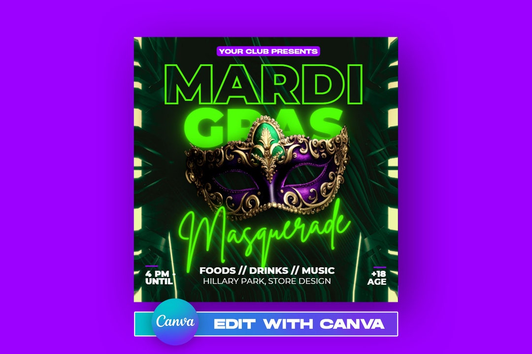 EDITABLE Canva Mardi Gras Flyer Template, Event Flyer, Night Party ...
