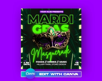 EDITABLE Canva Mardi Gras Flyer Template, Event Flyer, Night Party ...