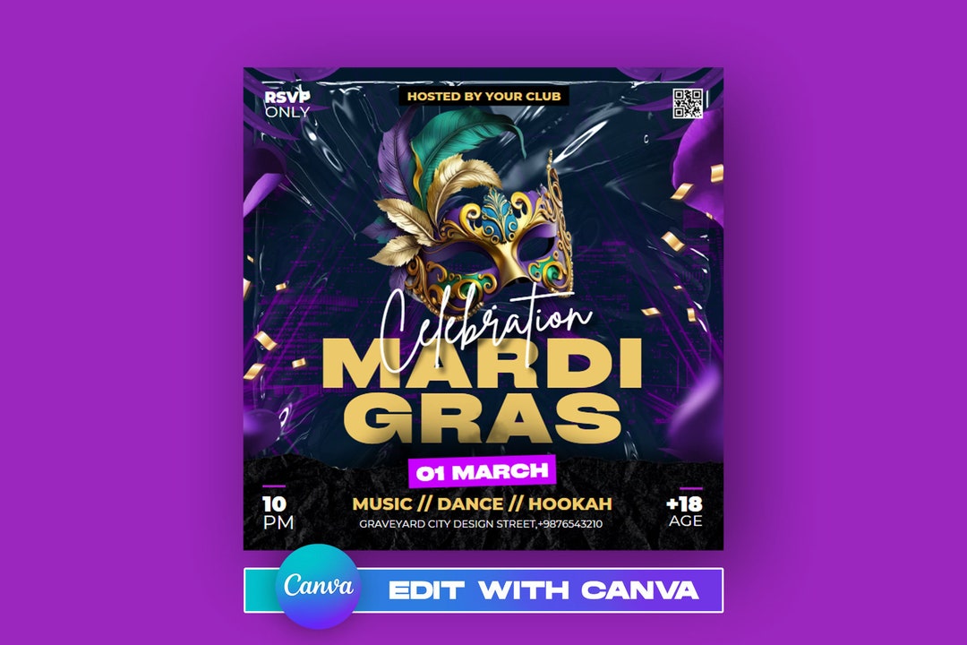 EDITABLE Canva Mardi Gras Flyer Template, Event Flyer, Night Party ...