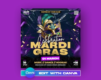 EDITABLE Canva Mardi Gras Flyer Template, Event Flyer, Night Party ...