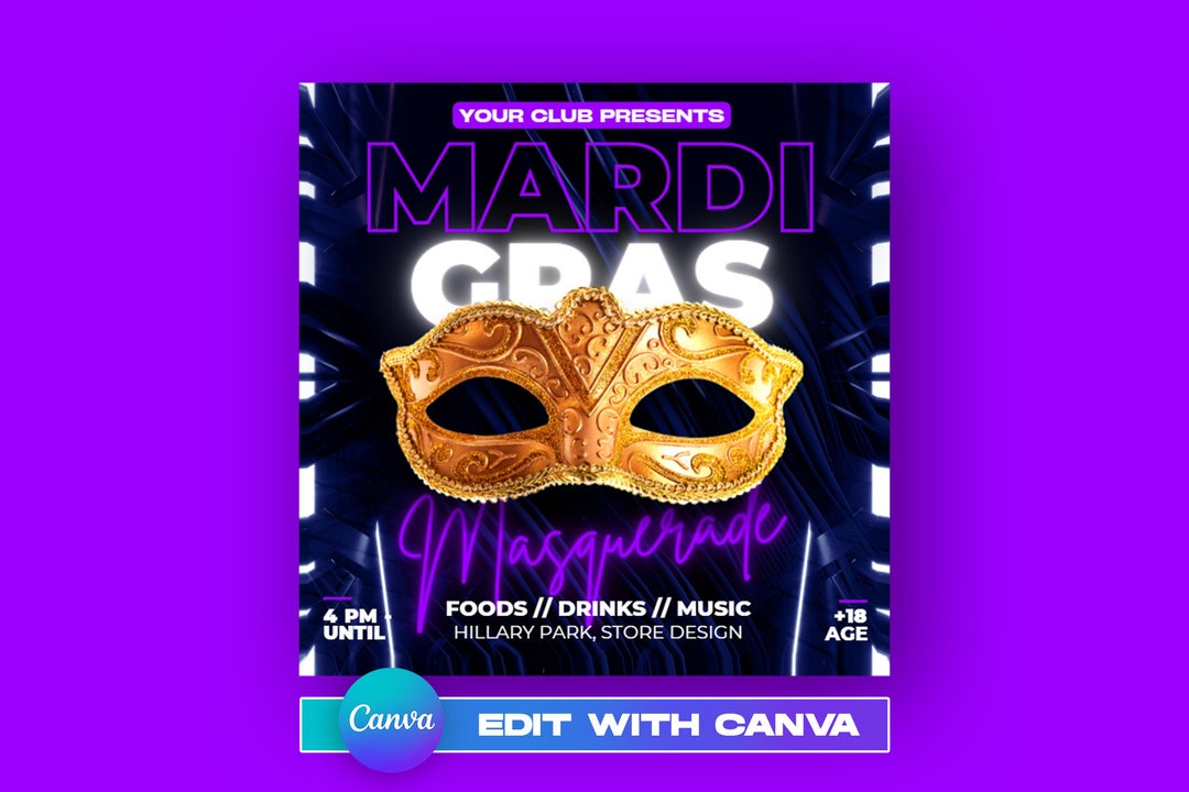 EDITABLE Canva Mardi Gras Flyer Template, Event Flyer, Night Party ...