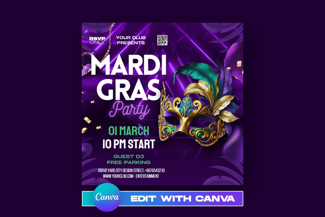 EDITABLE Canva Mardi Gras Flyer Template, Event Flyer, Night Party ...