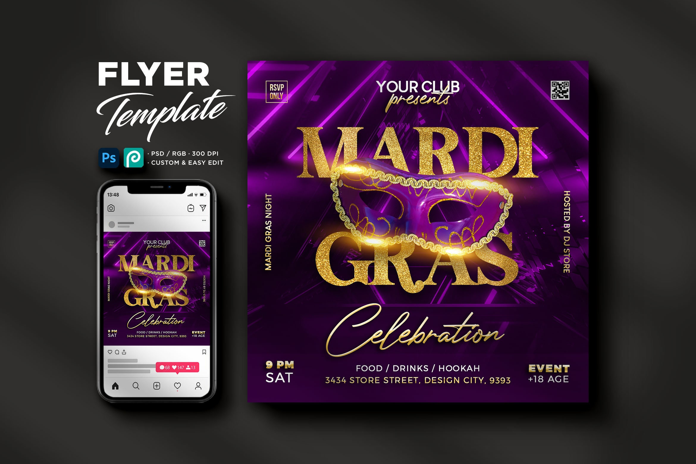 EDITABLE Mardi Gras Flyer Template Event Flyer Night Party - Etsy