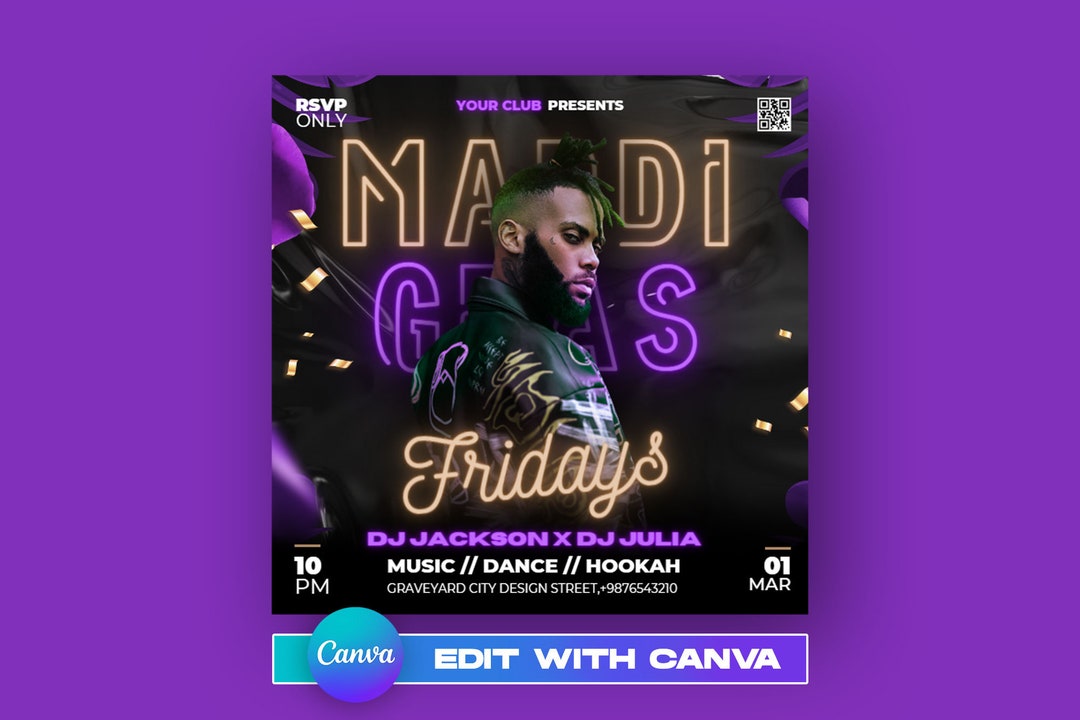 EDITABLE Canva Mardi Gras Flyer Template, Event Flyer, Night Party ...