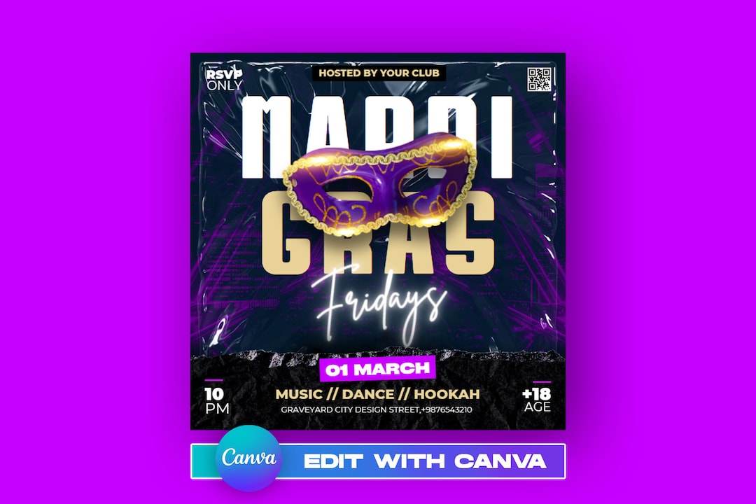 EDITABLE Canva Mardi Gras Flyer Template, Event Flyer, Night Party ...
