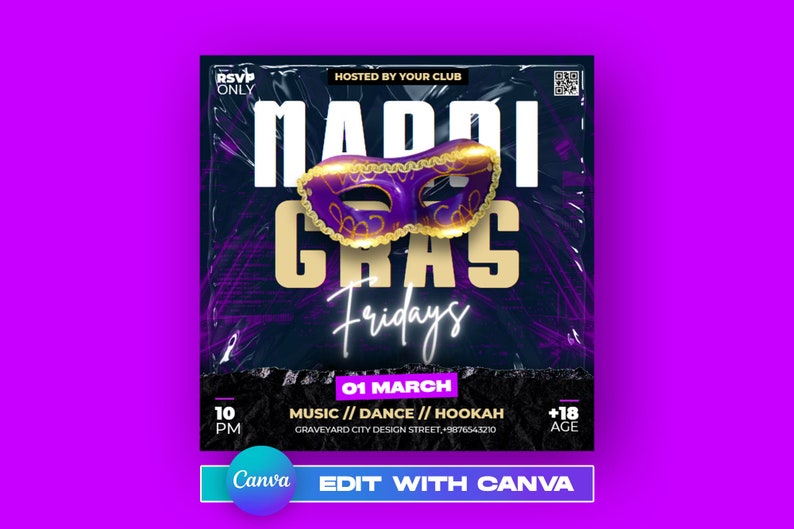 EDITABLE Canva Mardi Gras Flyer Template, Event Flyer, Night Party ...