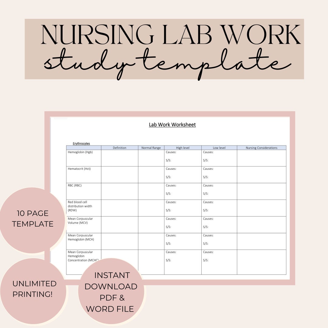 Nursing Lab Work Study Template | Blood Work Template | NCLEX Study ...