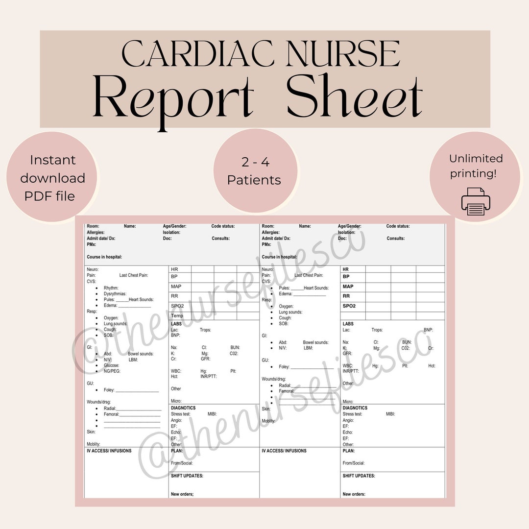Cardiac Nurse Template Cardiac Nurse Report Sheet Cardiac - Etsy