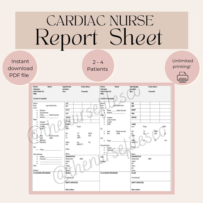 Cardiac Nurse Template Cardiac Nurse Report Sheet Cardiac - Etsy