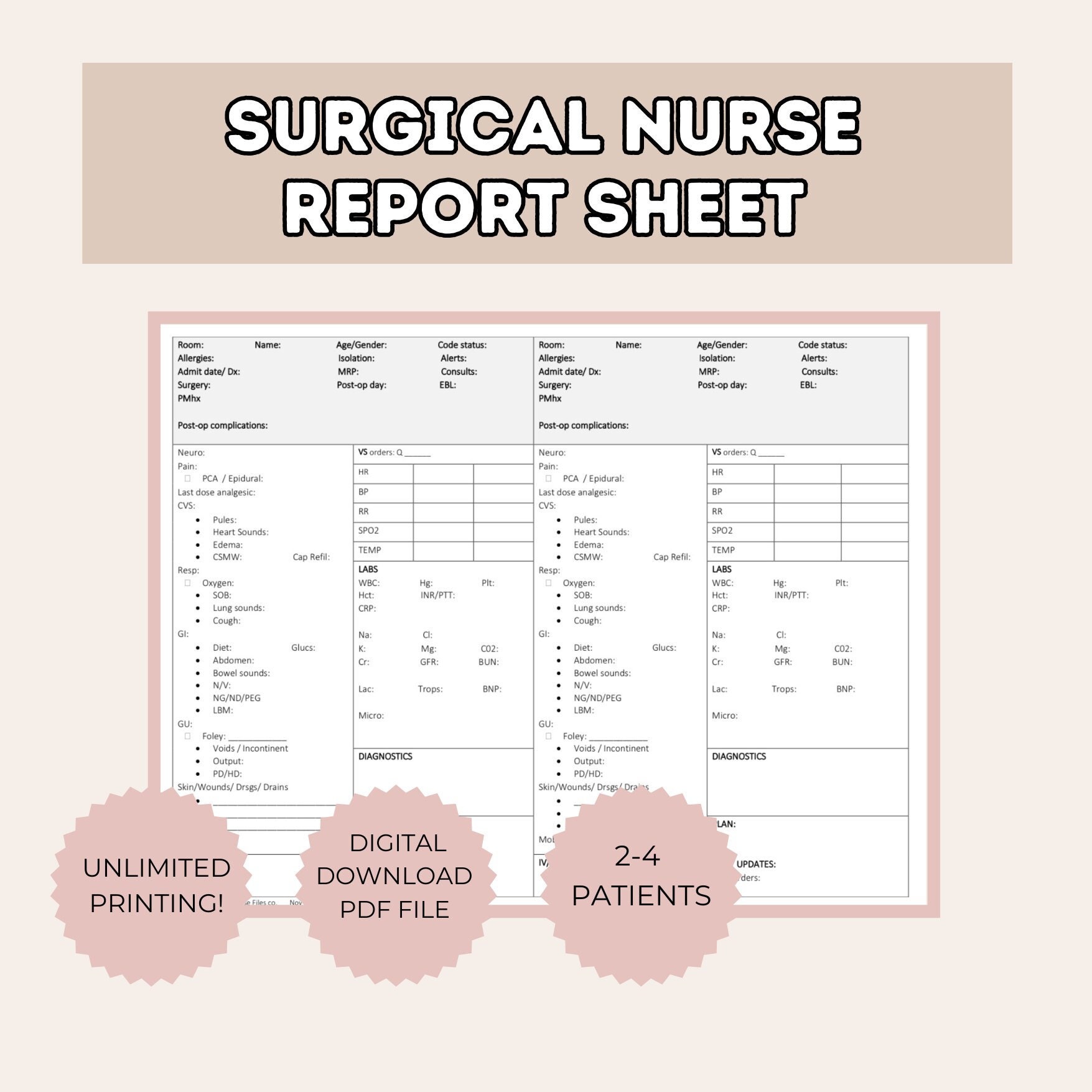 Surgical Nurse Report Sheet Surgical Nursing - Etsy
