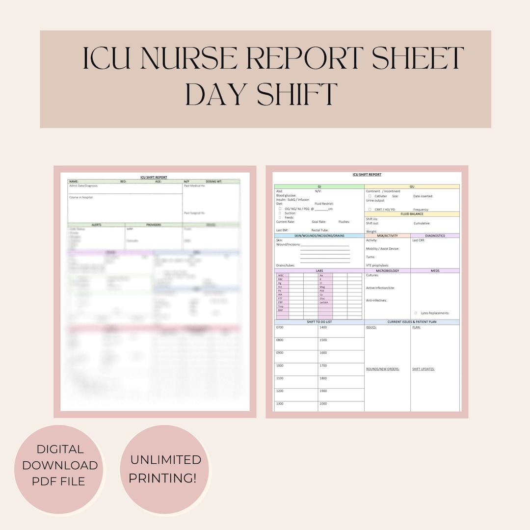 ICU Day Shift Nurse Template | ICU Nurse Report Sheet | ICU Nurse ...