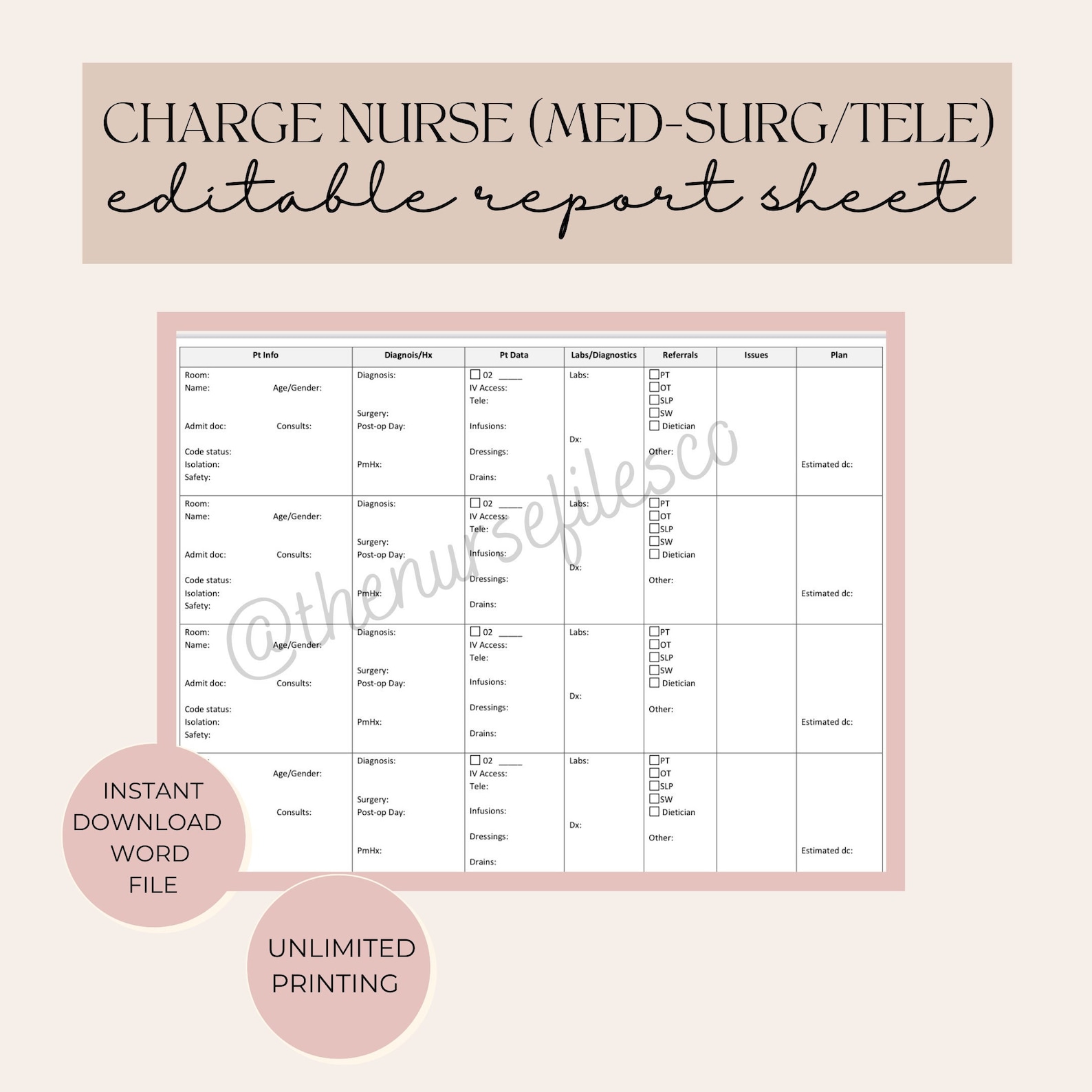 EDITABLE Charge Nurse Template | Head Nurse Report | Charge Nurse Brain ...