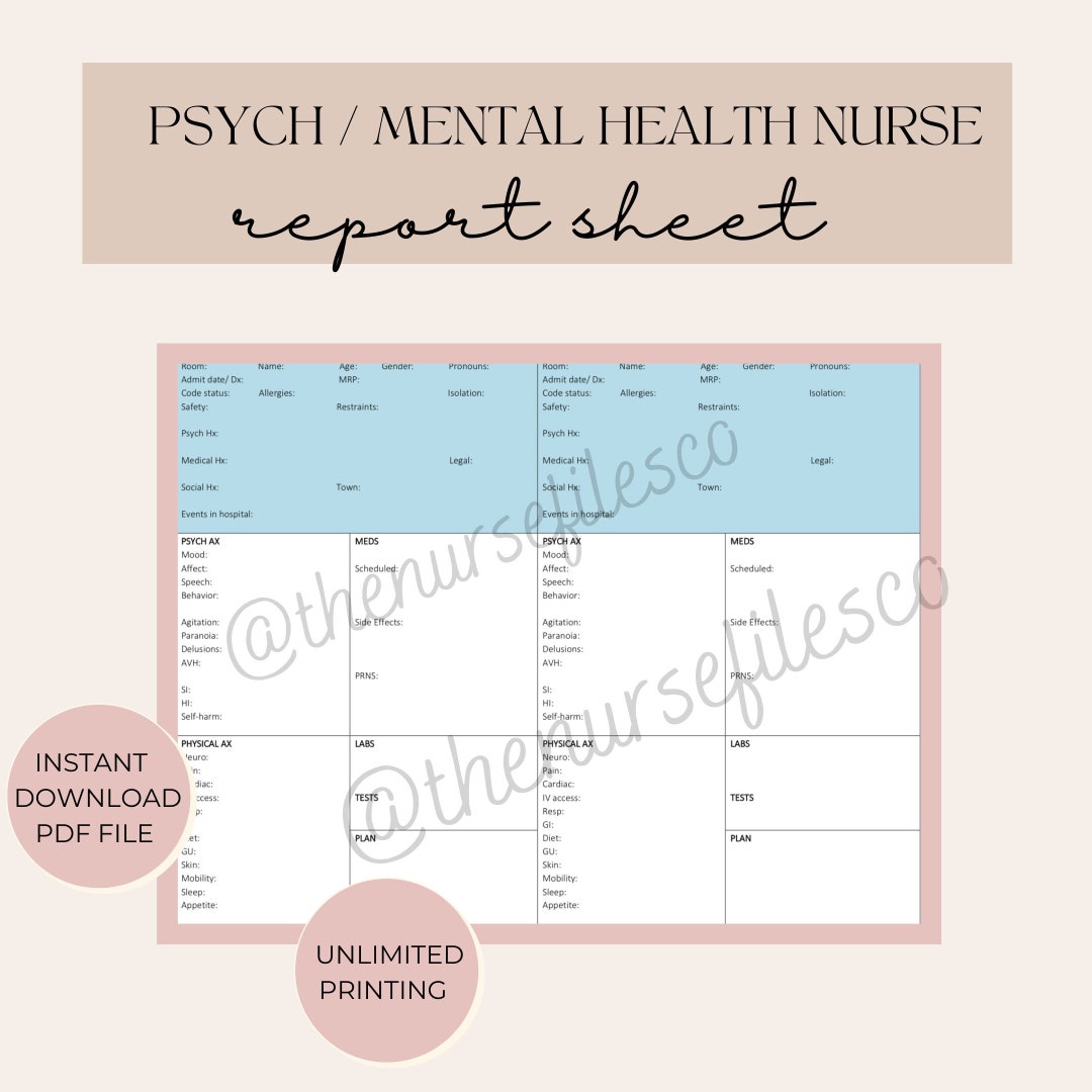 Psych Nurse Report Sheet Mental Health Nurse Report - Etsy