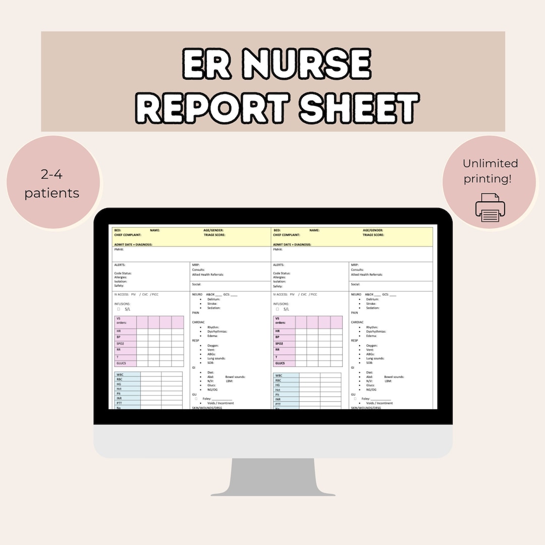 Emergency Room Nurse Report Sheet (2-4 Patients) | ER Shift Handover ...