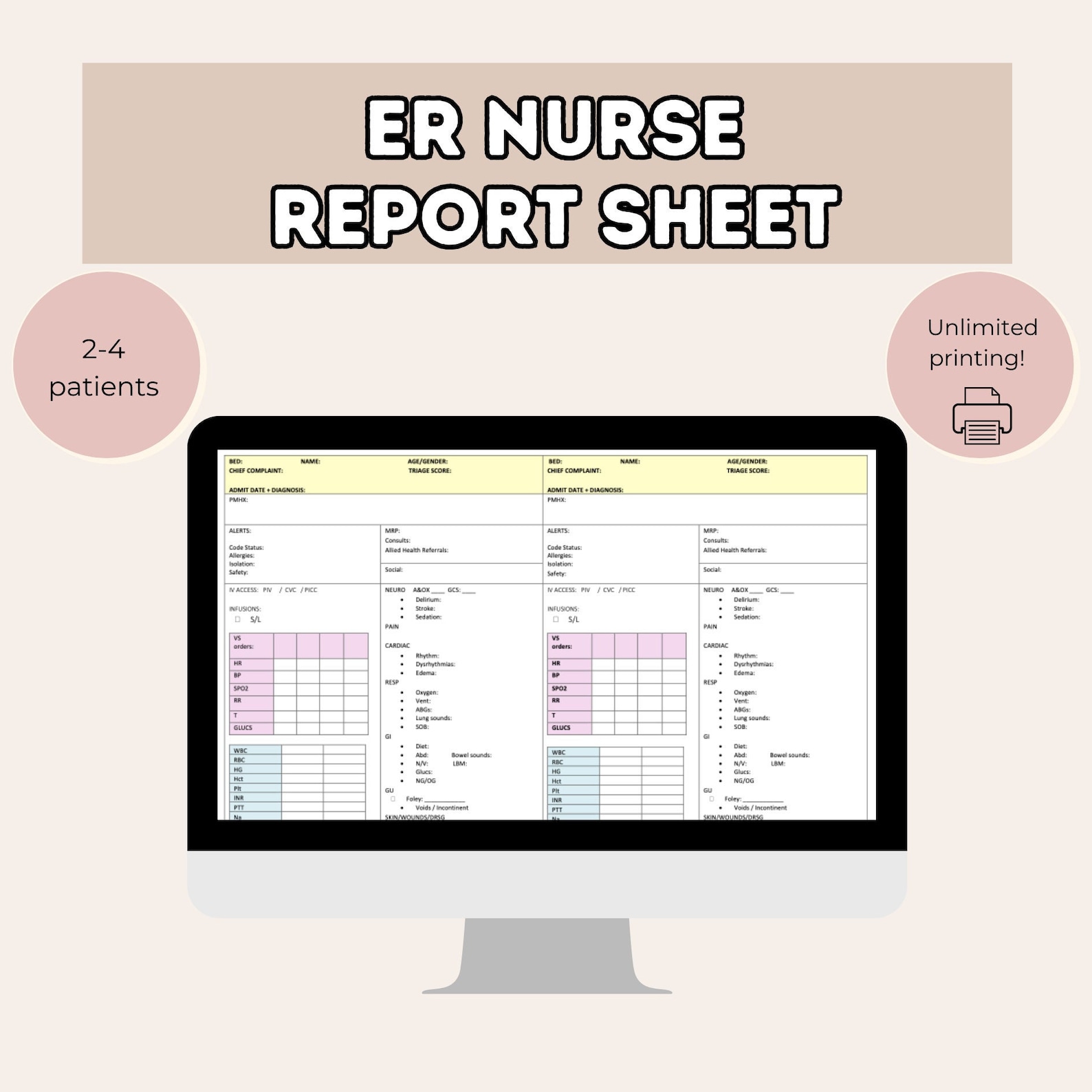 Emergency Room Nurse Report Sheet 2-4 Patients ER Shift Handover ER ...